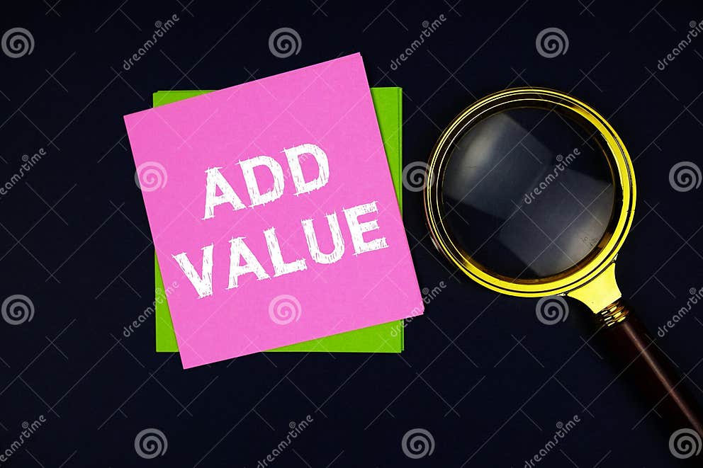 Add Value Text on Sticky Note with Magnifying Glass on Black Background ...
