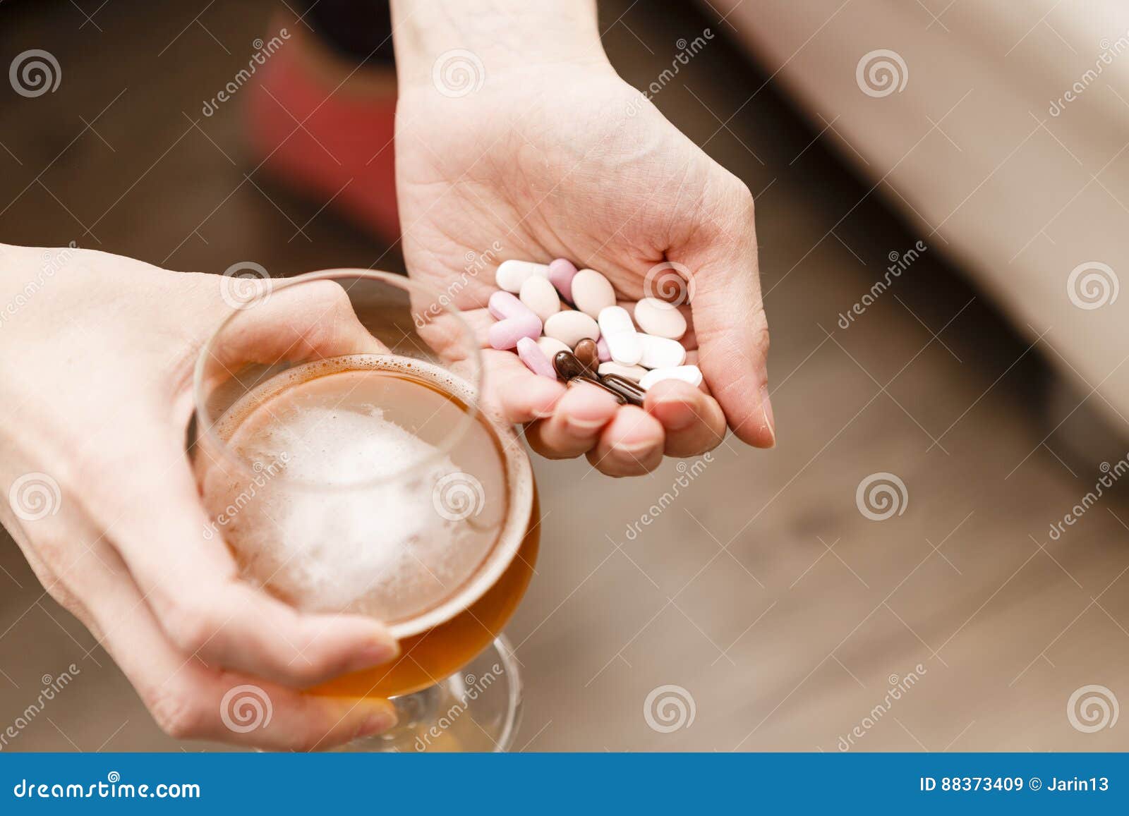 Addict Problem, Woman with Pills and Beer in Hands. Stock Image - Image ...