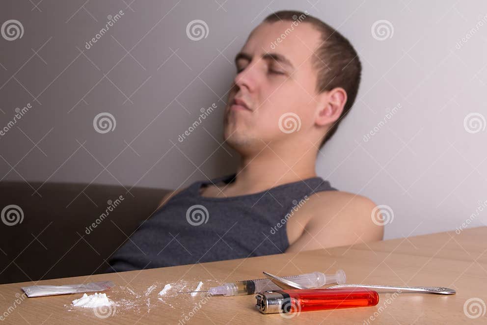 Addicted Man with Drugs on the Table Stock Photo - Image of male ...