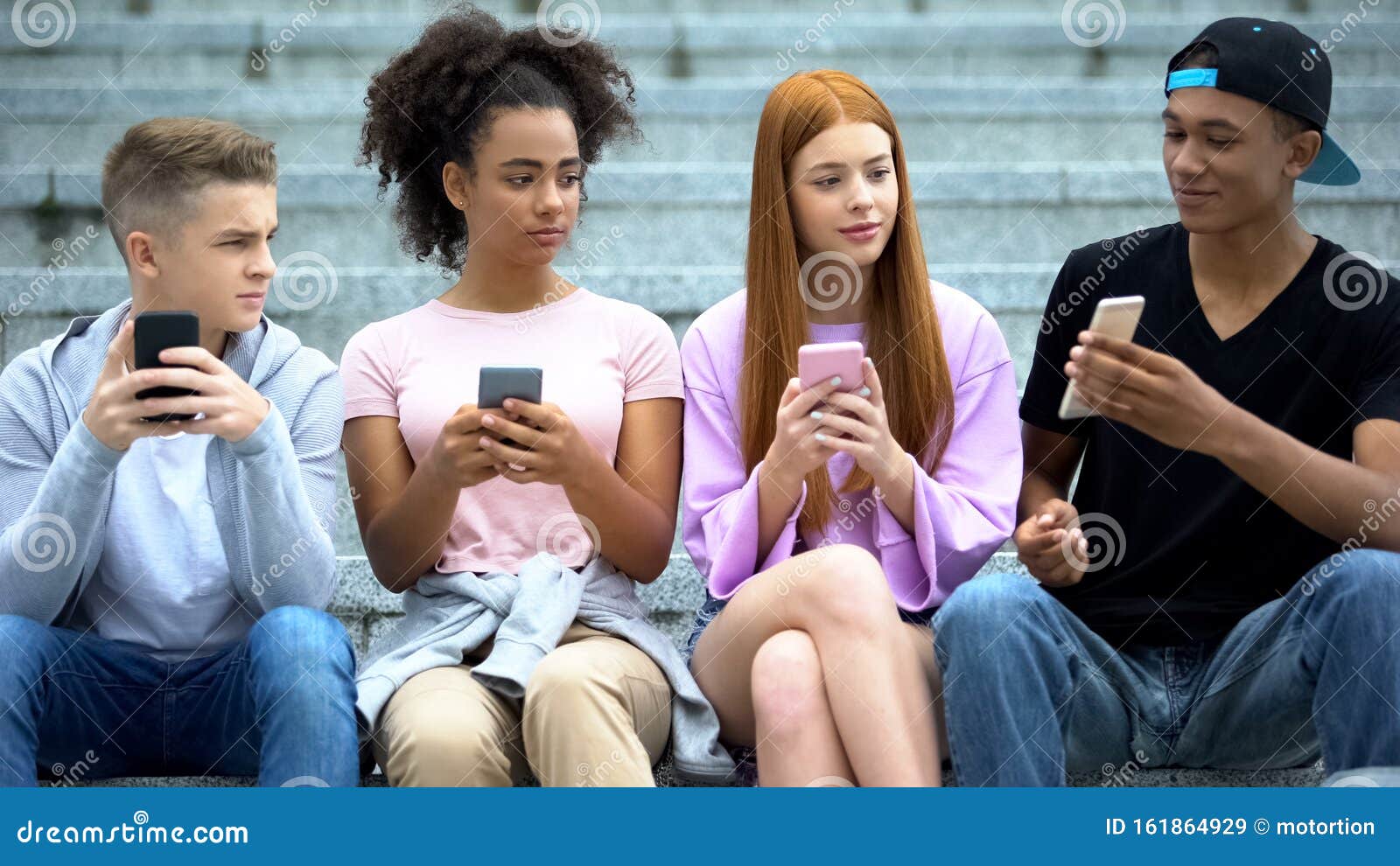 Addicted Teen Friends Playing Video Games On Smartphones Showing Best Results Stock Image 0457