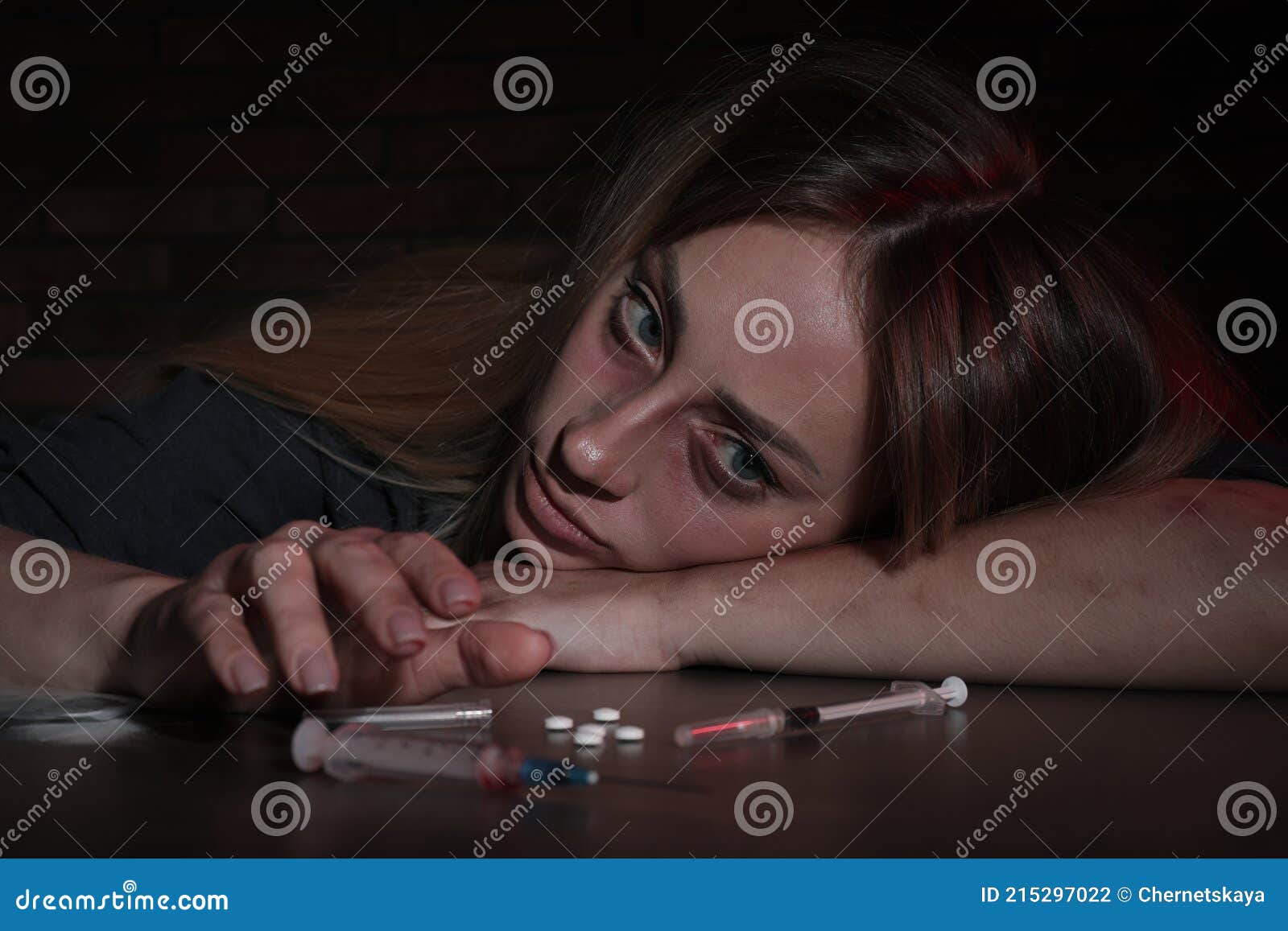 Addicted Woman at Table with Different Drugs Stock Photo - Image of ...