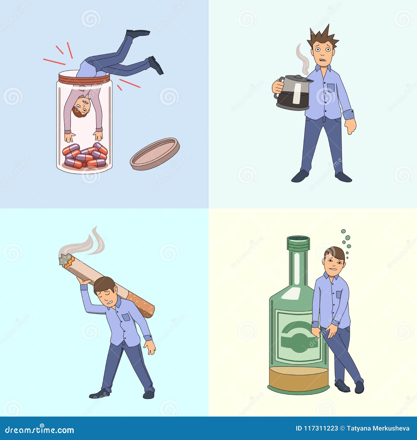 Addictions. Cartoon People With Harmful Habits. Persons Addicted To ...