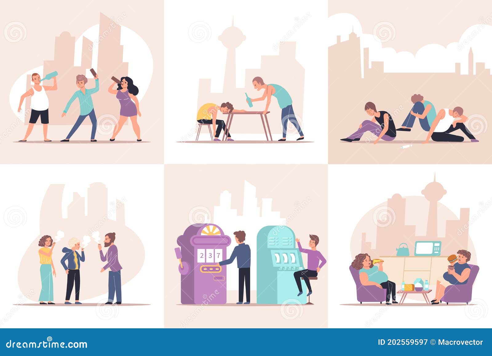 Addictions Flat Design Concept Stock Vector - Illustration of eating ...