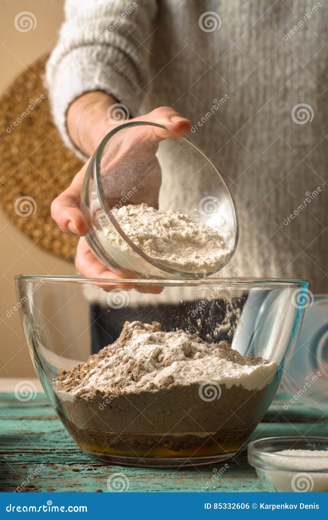 Adding Flour in Glass Bowl for Pancakes Preparation Vertical Stock ...