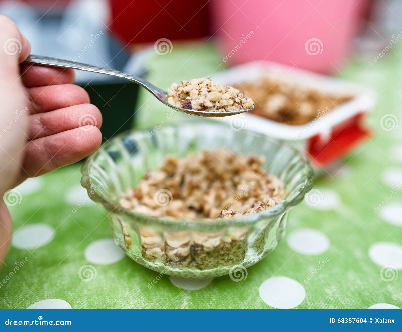 Adding Ground Walnuts To Recipe Stock Photo - Image of closeup, dried ...