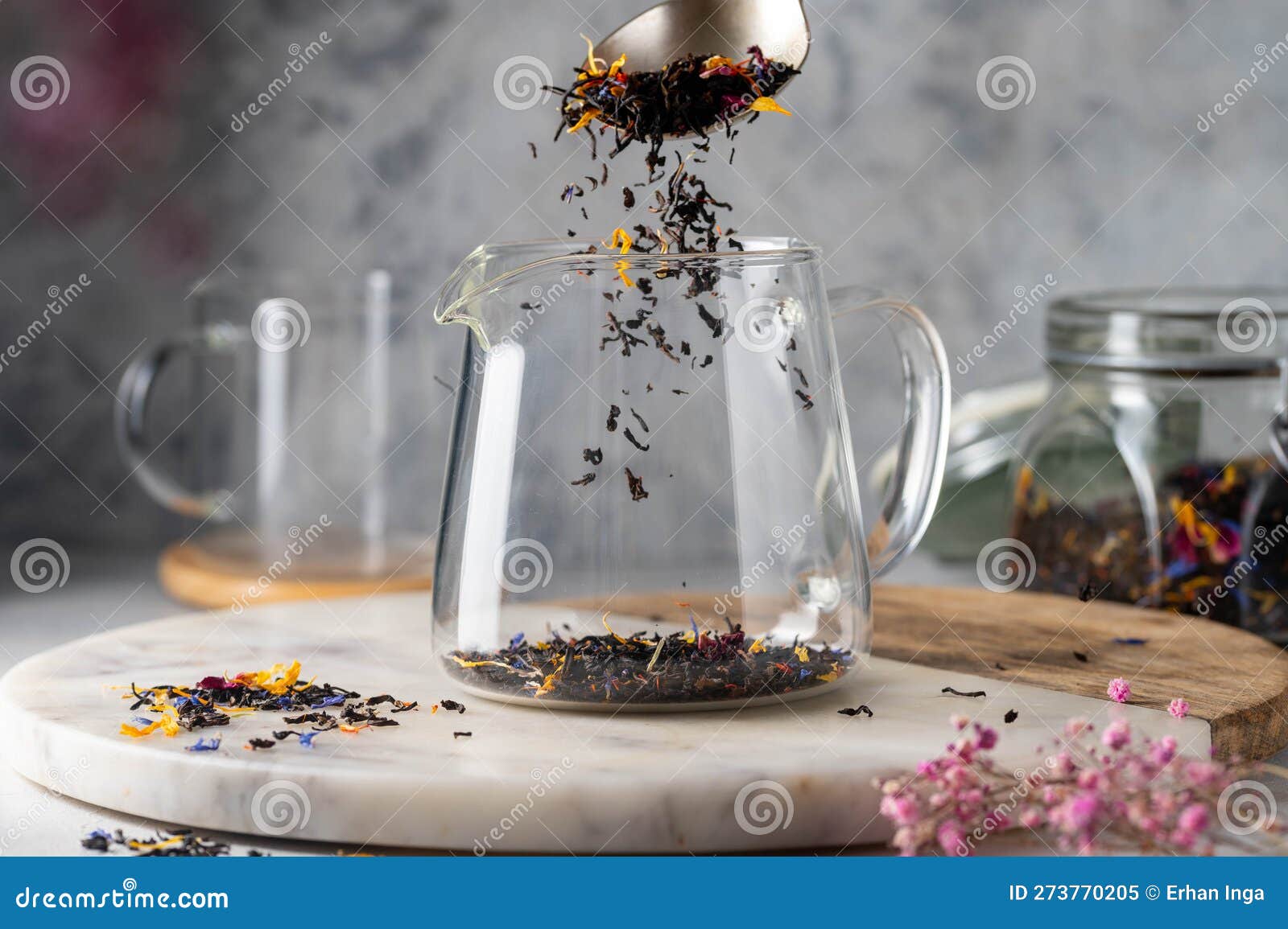 Adding Loose Black Leaf Tea To Glass Tea Pot. Making Tea. Stock Image ...