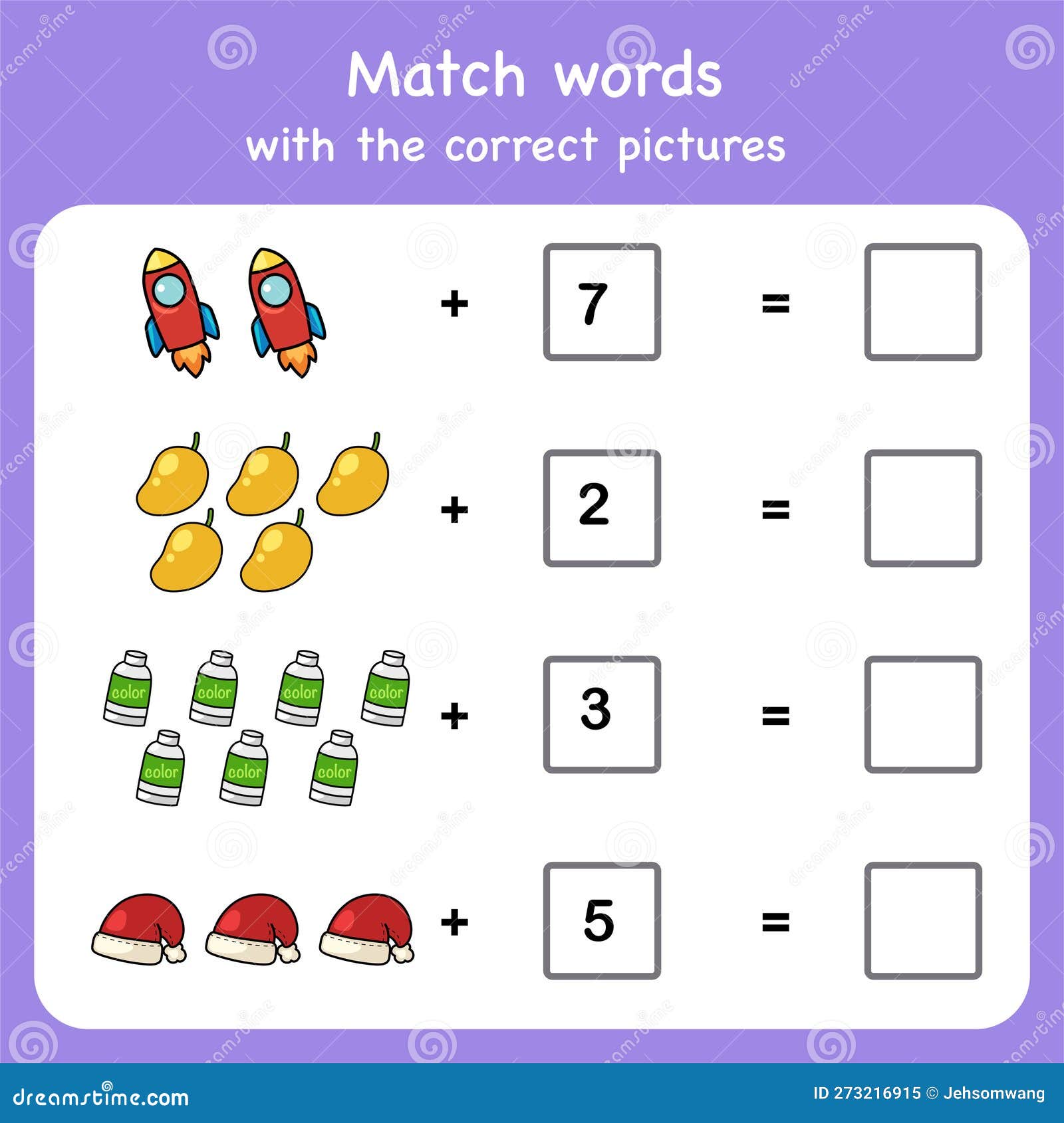 Adding and Match with Pictures. Educational Worksheet for Preschool ...