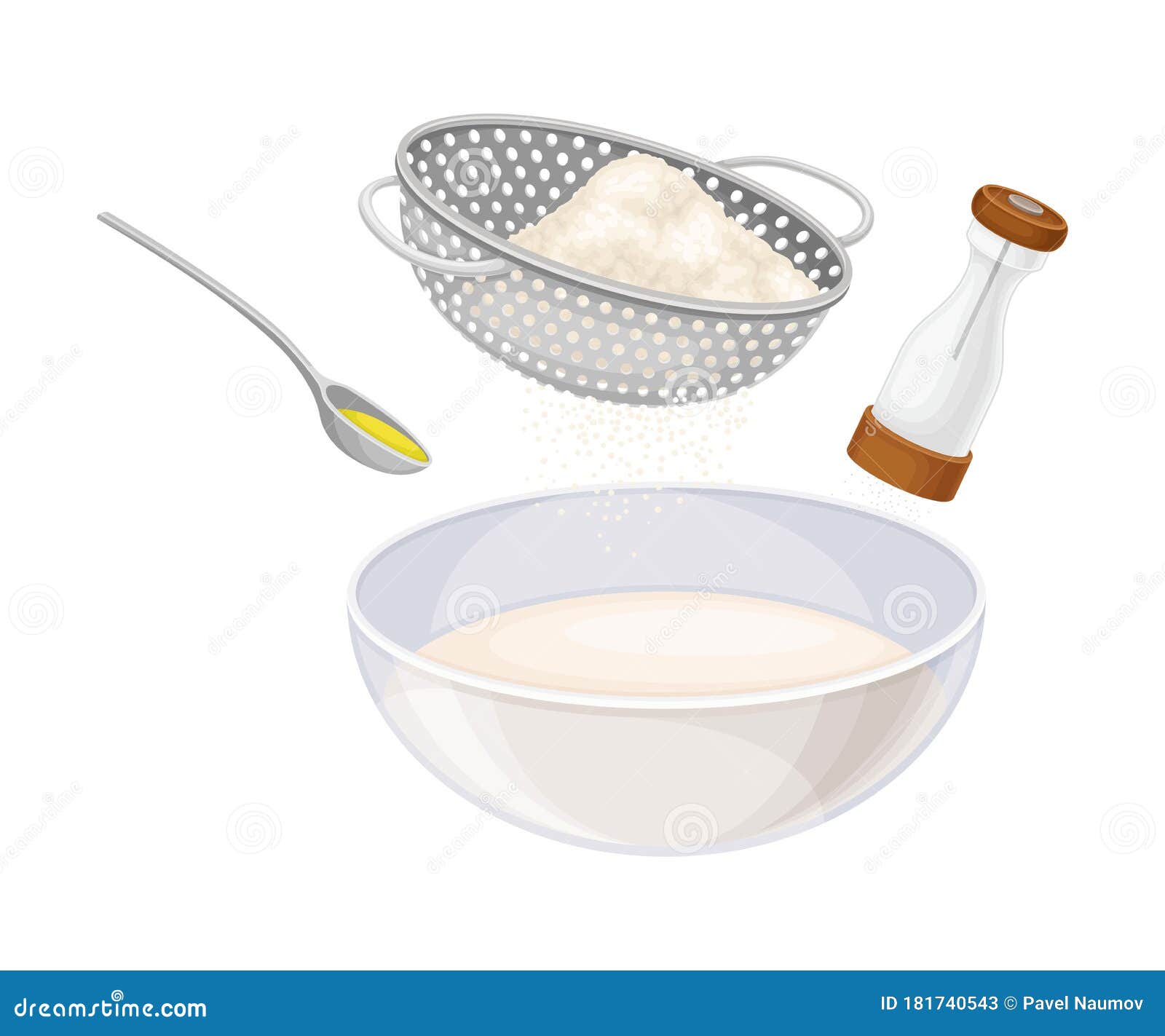 Adding and Mixing Ingredients in Bowl for Cooking Bread Vector ...
