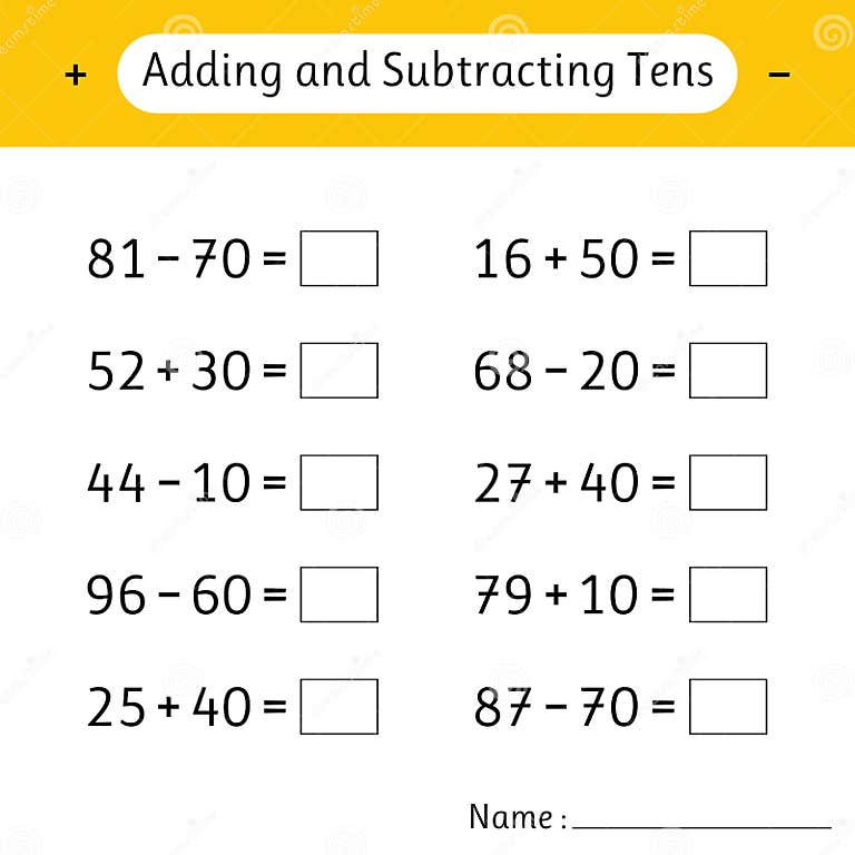 Adding and Subtracting Tens. Mathematics. Math Worksheets for Kids ...
