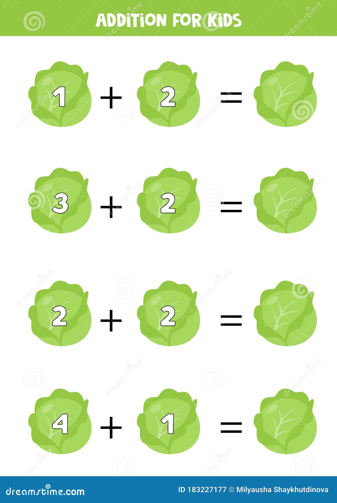 Addition with Cartoon Cabbage. Math Game for Kids Stock Vector ...
