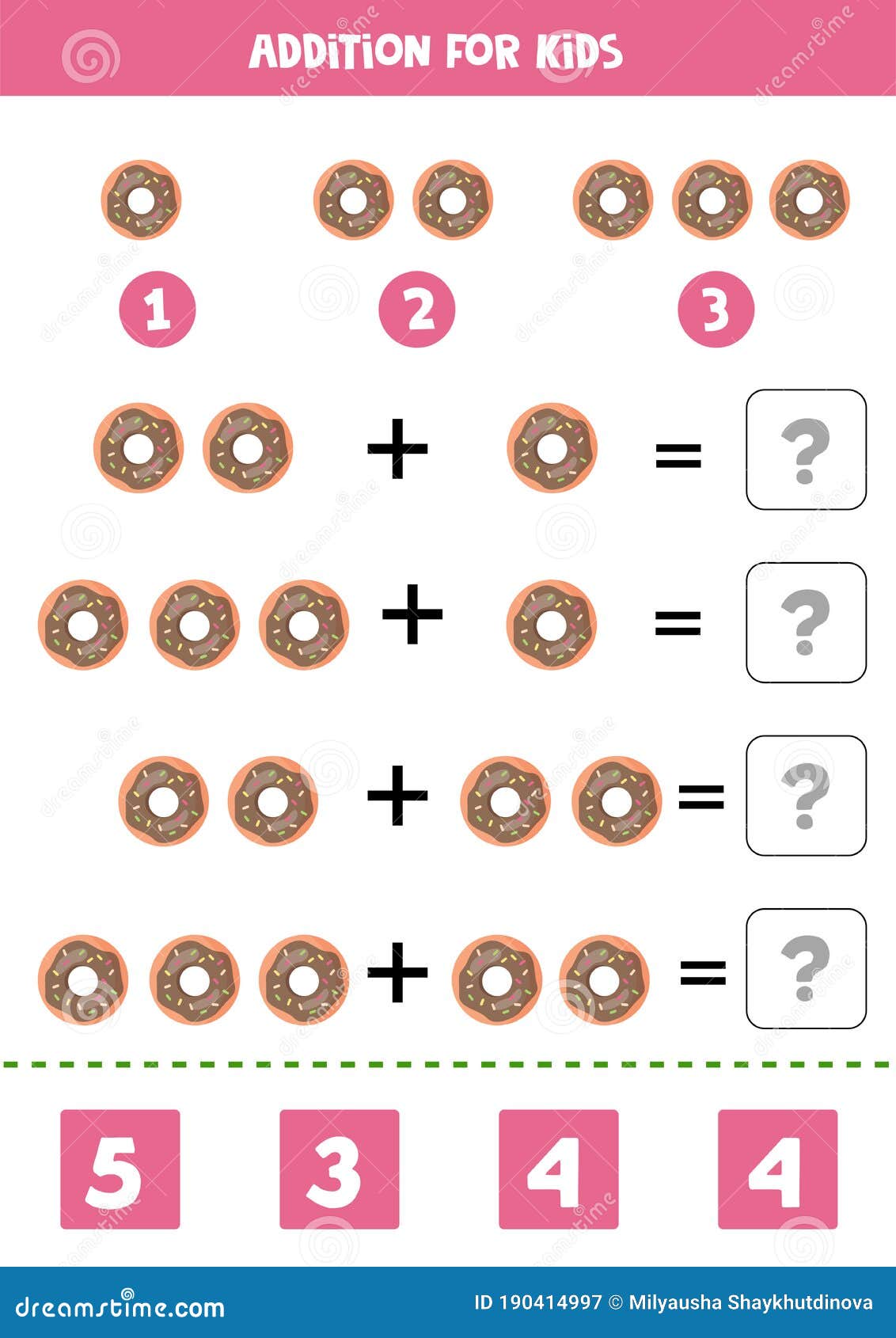 Addition with Cartoon Donuts. Math Game for Kids Stock Vector ...