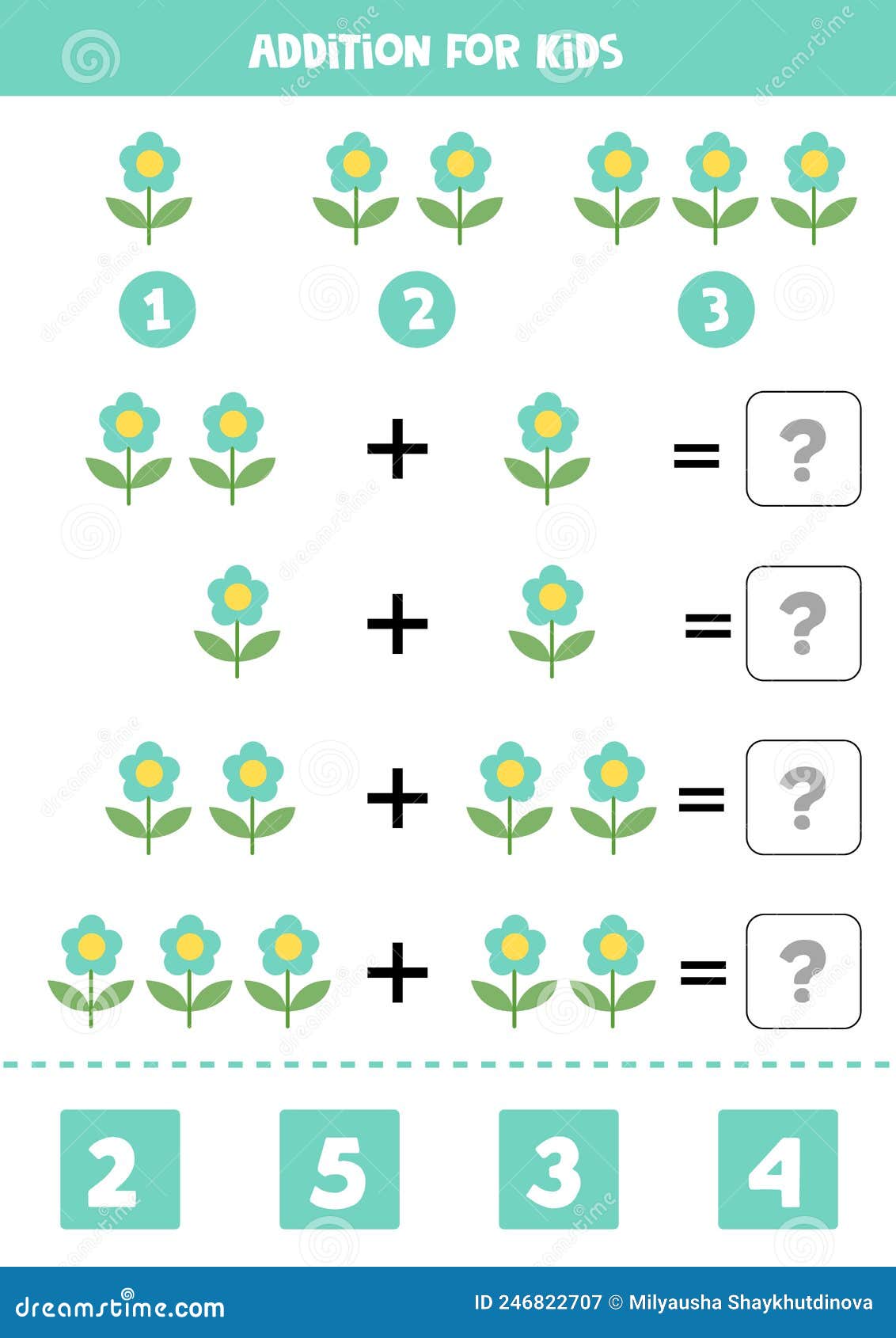 Addition for Kids with Cute Blue Flower. Stock Vector - Illustration of ...