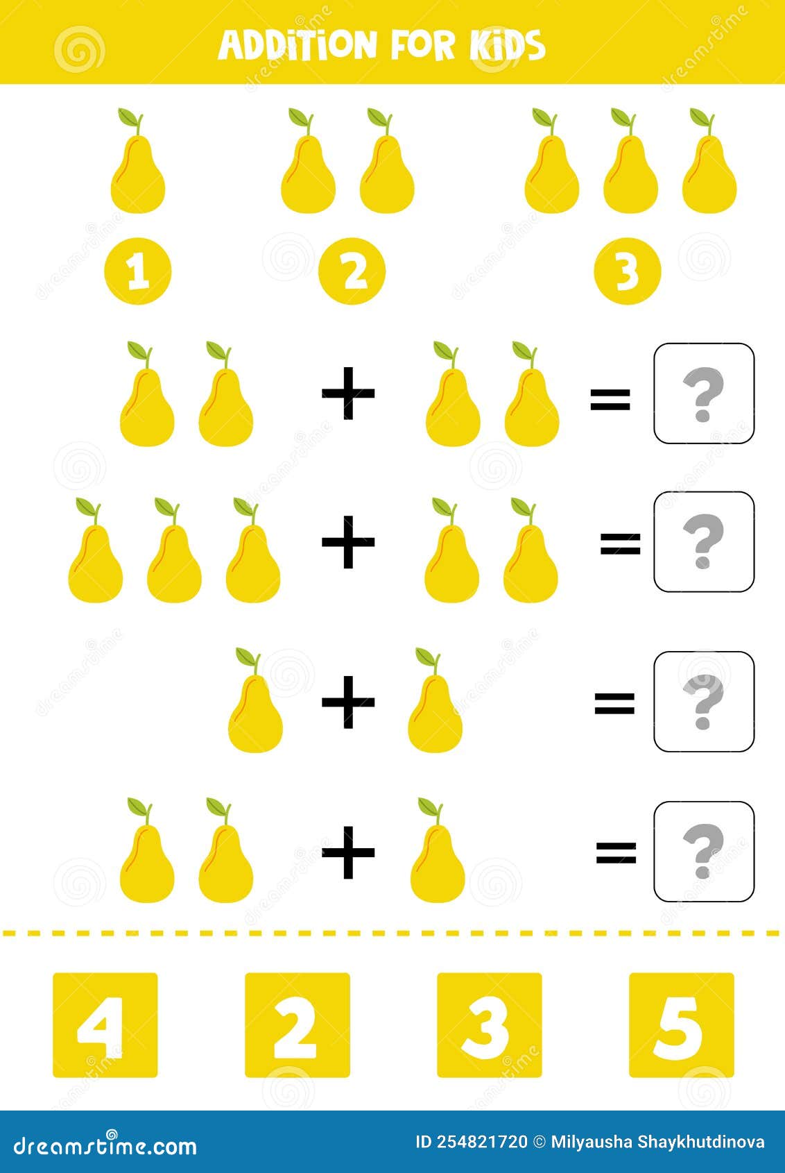 Addition for Kids with Cute Hand Drawn Yellow Pear Stock Vector ...