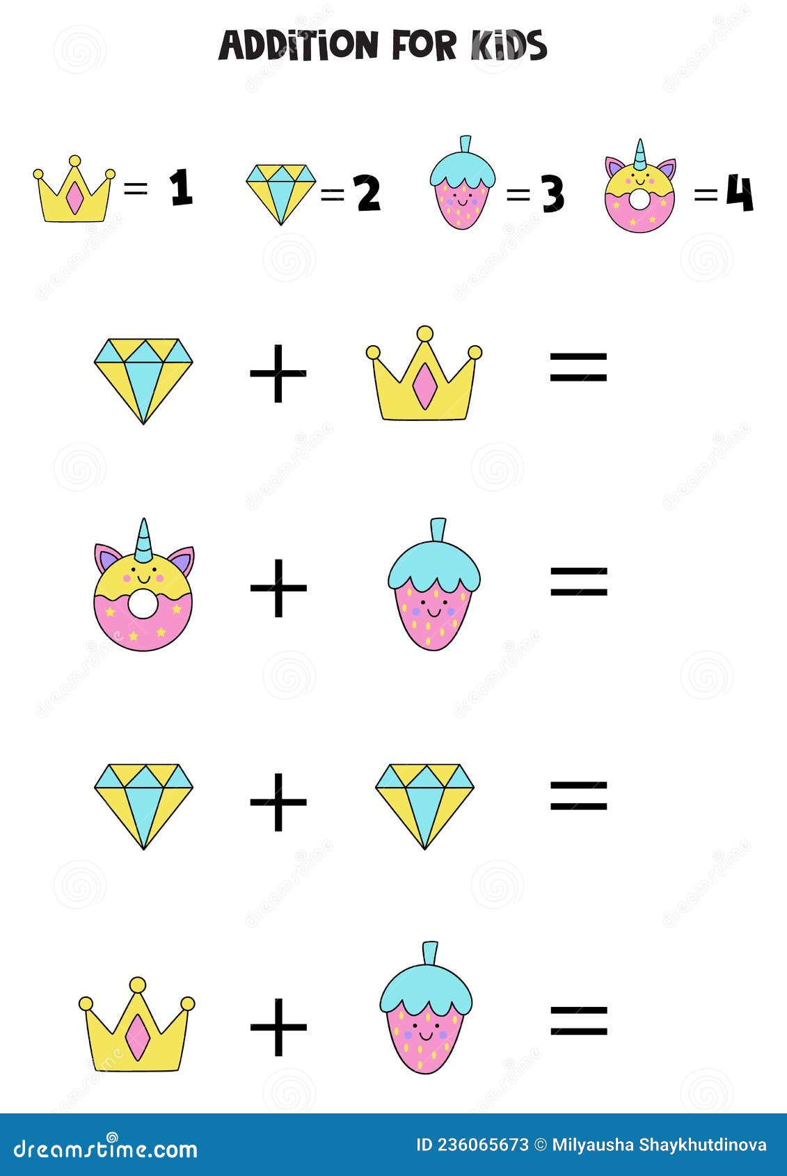 Addition for Kids with Cute Cartoon Elements. Stock Vector ...