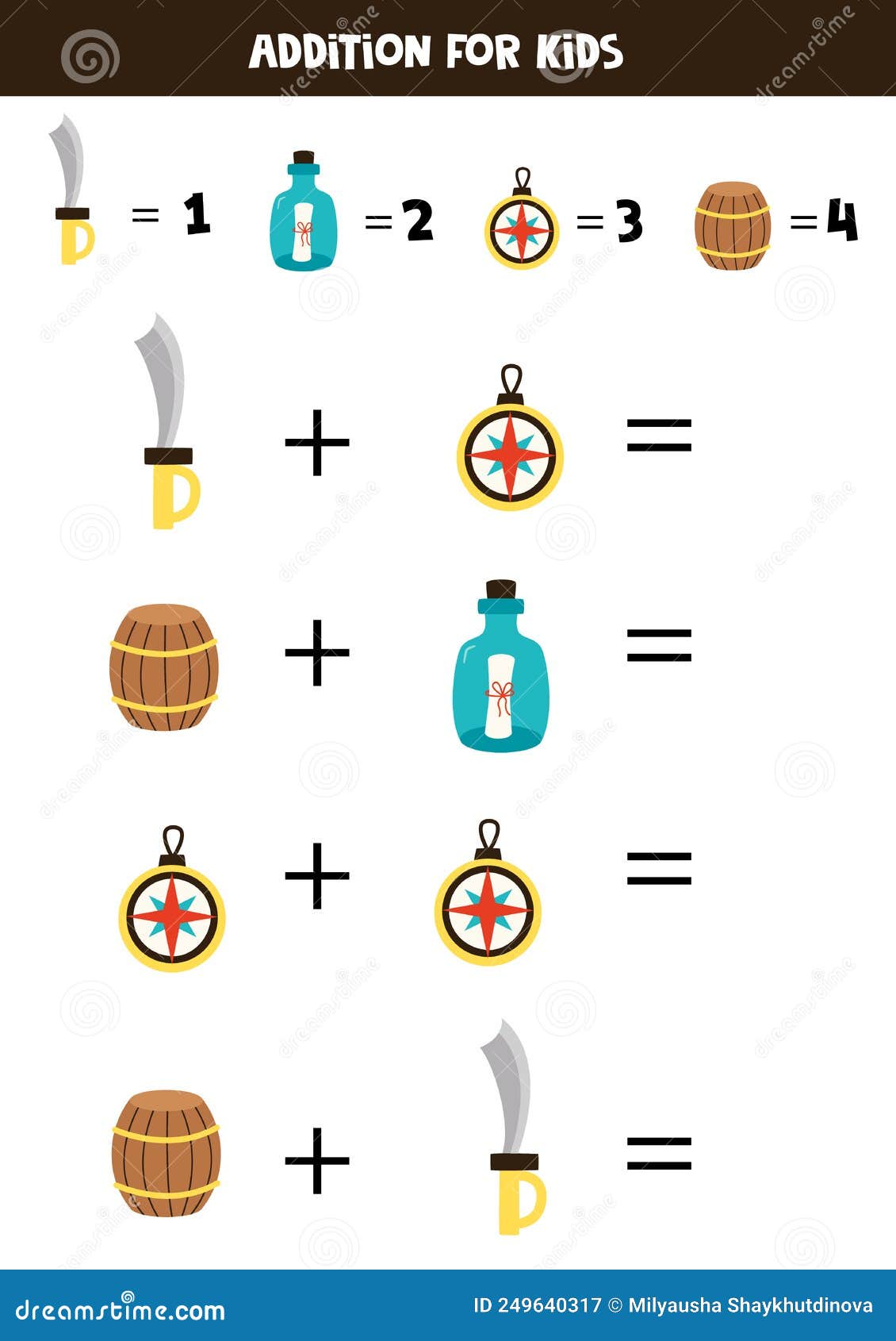 Addition for Kids with Cartoon Pirate Elements. Stock Vector ...