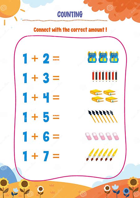 Addition Exercise by Selecting the Correct Number of Objects Stock Vector - Illustration of ...
