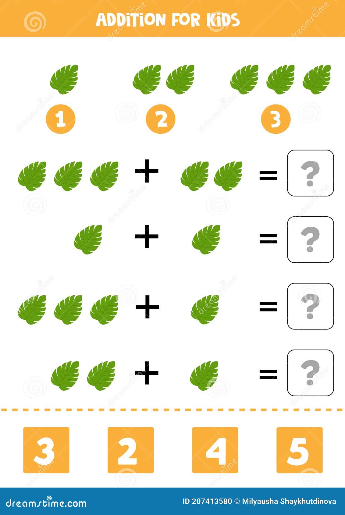 Addition Game with Cartoon Tropical Leaf. Math Game for Kids. Stock ...