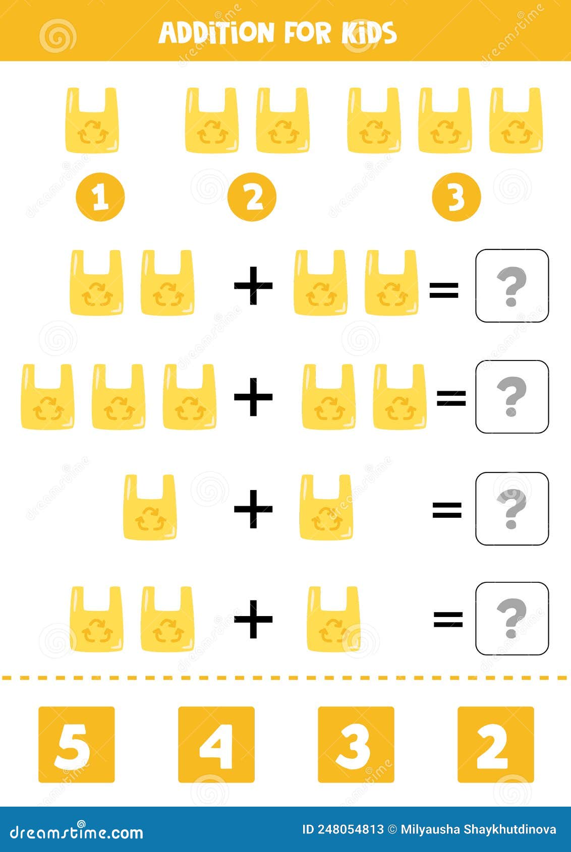 Addition for Kids with Cartoon Plastic Bag. Stock Vector - Illustration ...