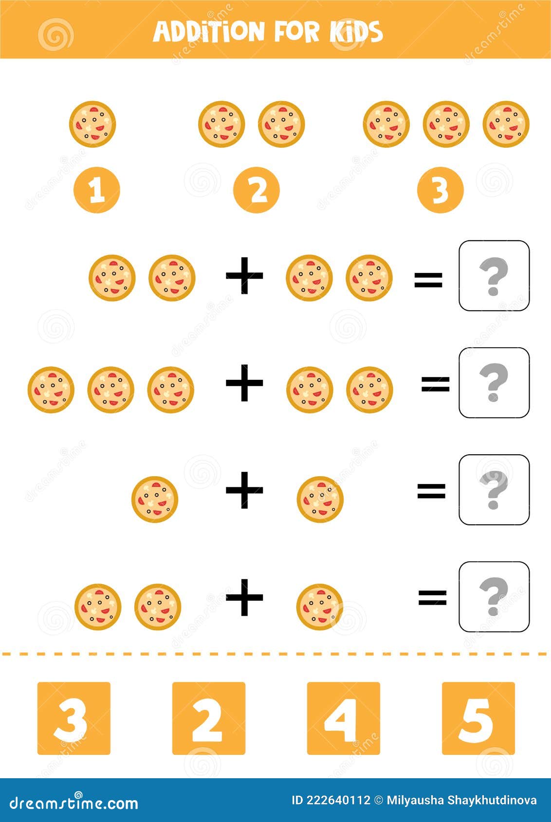 Addition for Kids with Cartoon Round Pizza. Stock Vector - Illustration ...