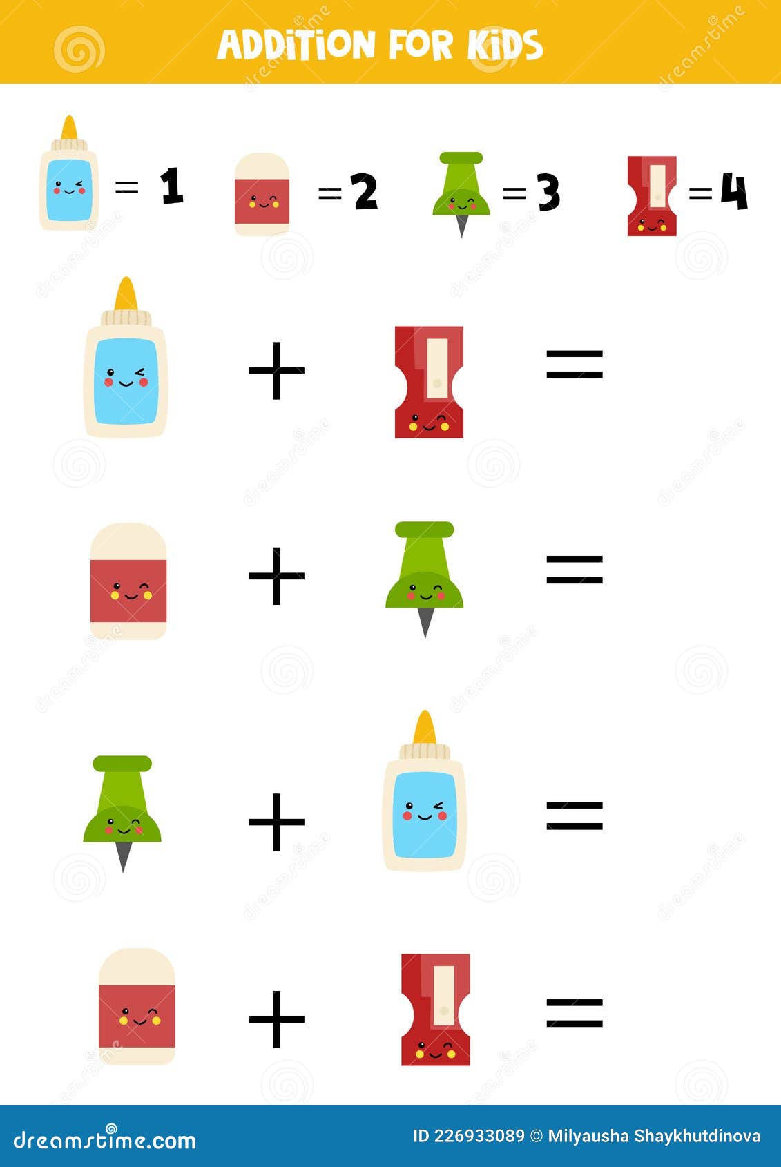 Addition for Kids with Cartoon School Supplies. Stock Vector ...