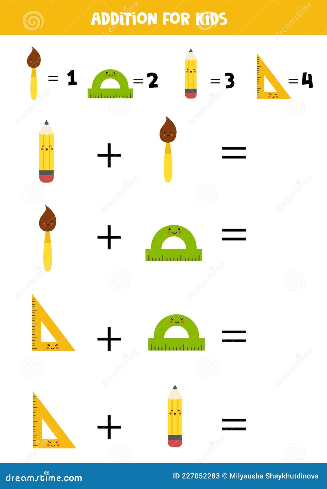 Addition for Kids with Cartoon School Supplies. Stock Vector ...