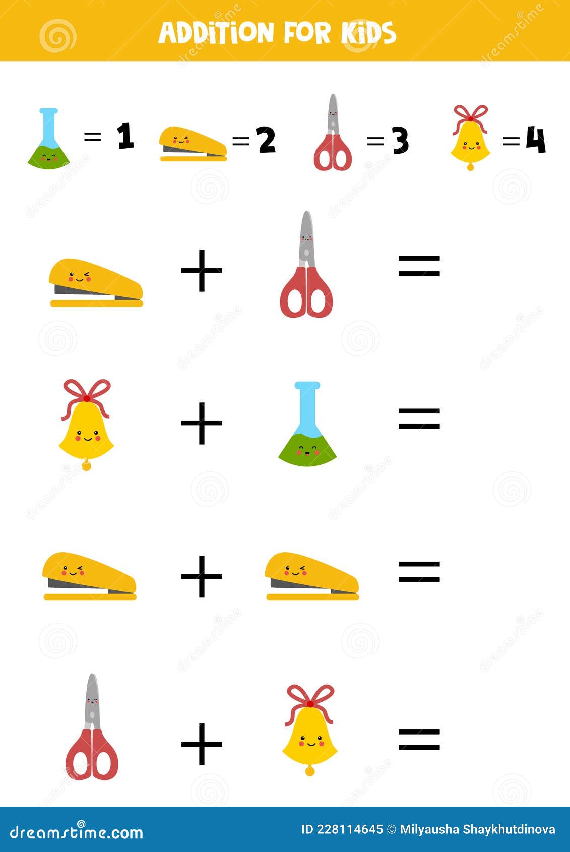 Addition for Kids with Cartoon School Supplies Stock Vector ...