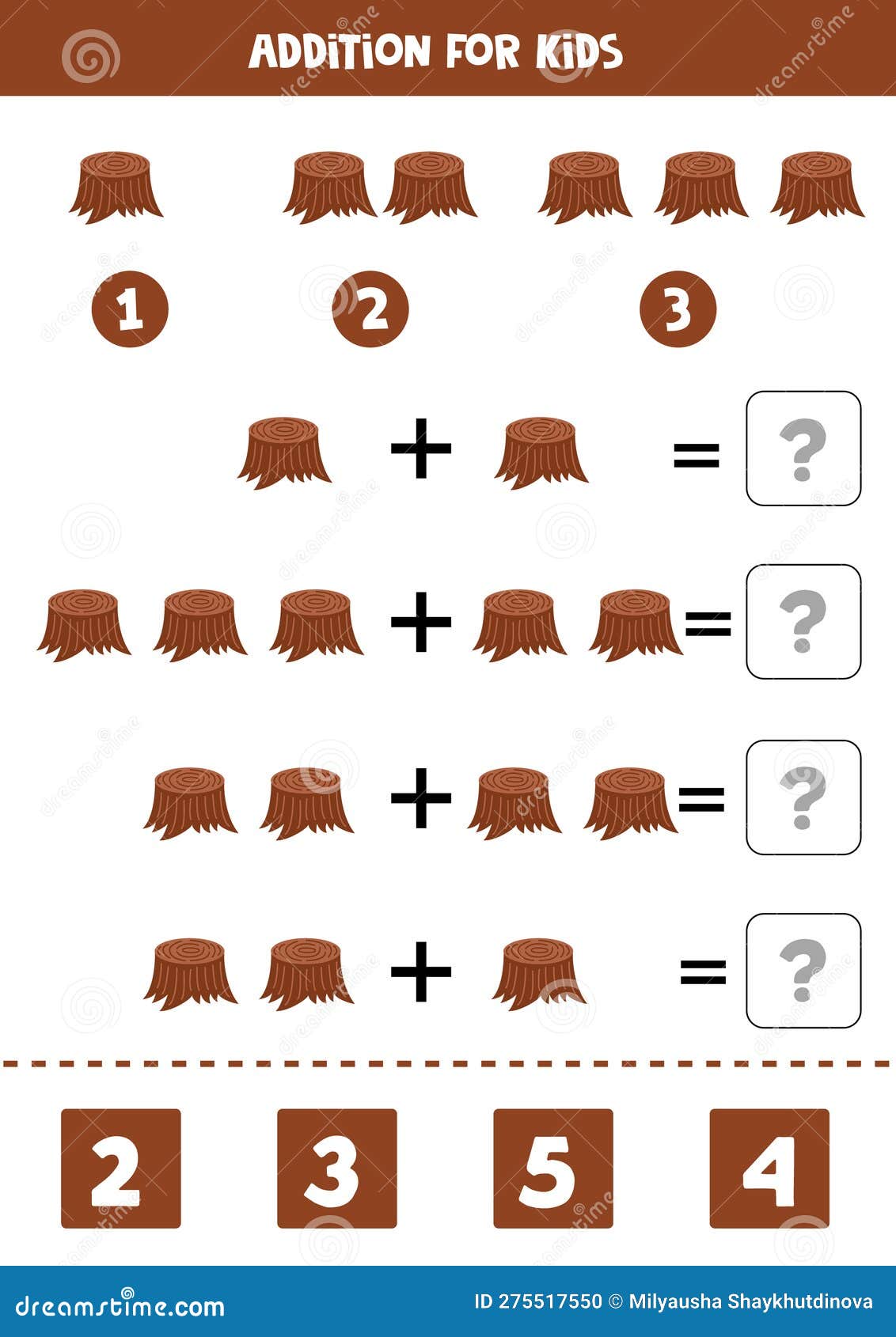 Addition for Kids with Cartoon Tree Stump Stock Vector - Illustration ...