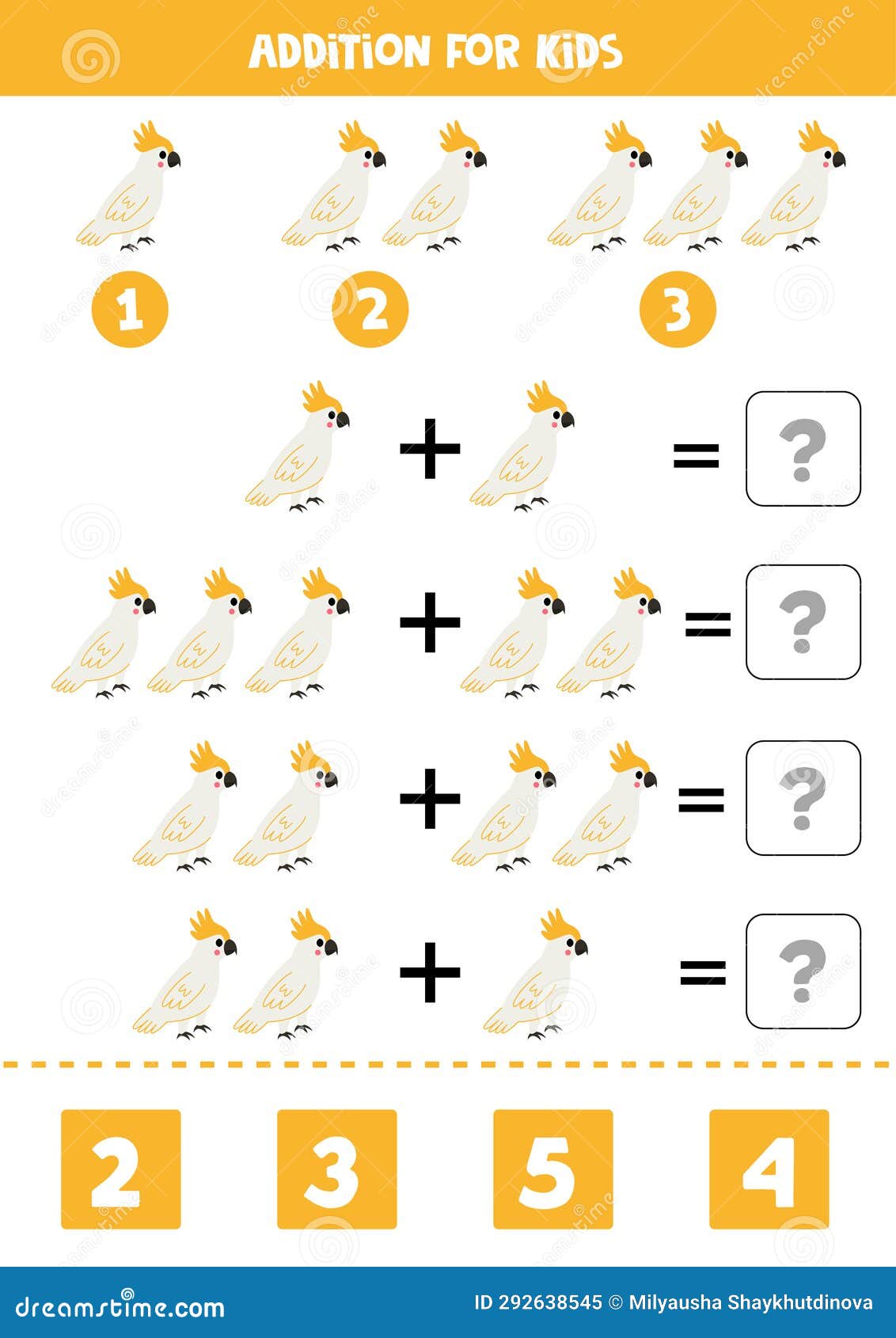 Addition for Kids with Cute Cartoon Cockatoo. Stock Vector ...