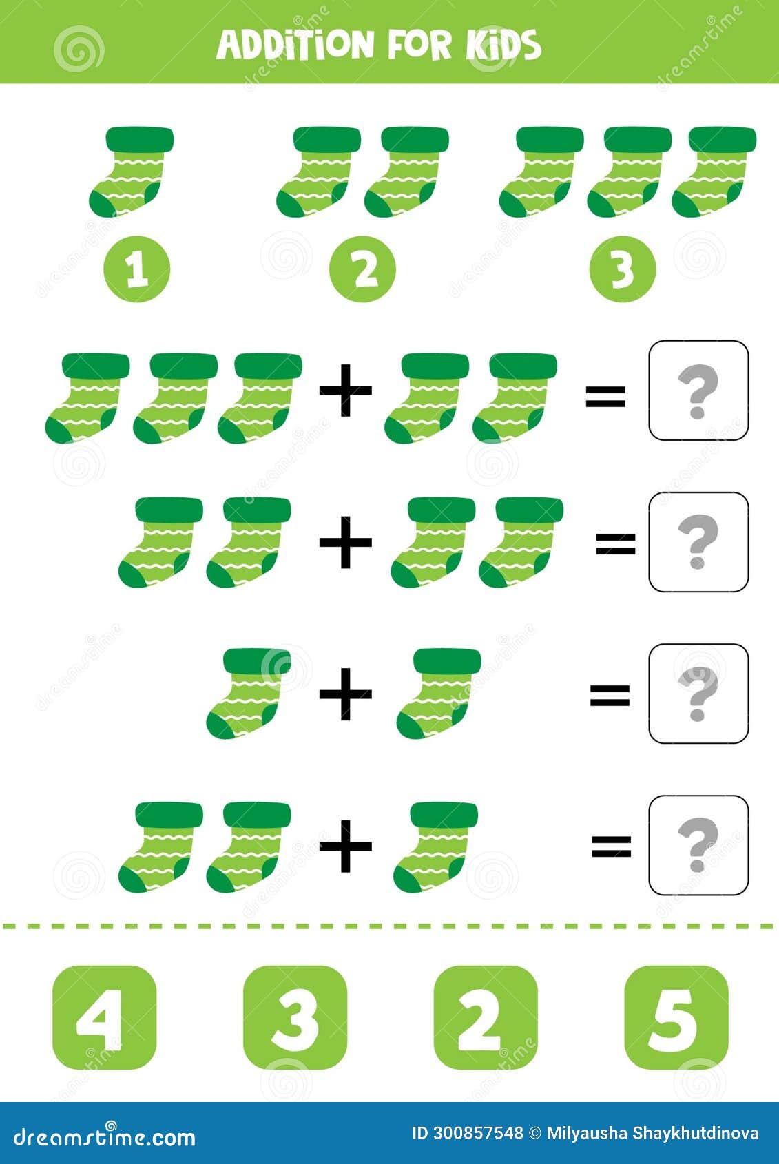 Addition for Kids with Cute Cartoon Green Sock. Stock Vector ...