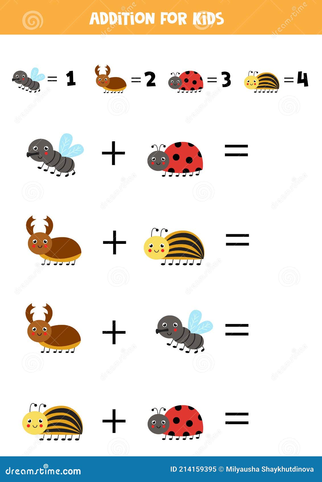 Addition for Kids with Cute Cartoon Insects Stock Vector - Illustration ...