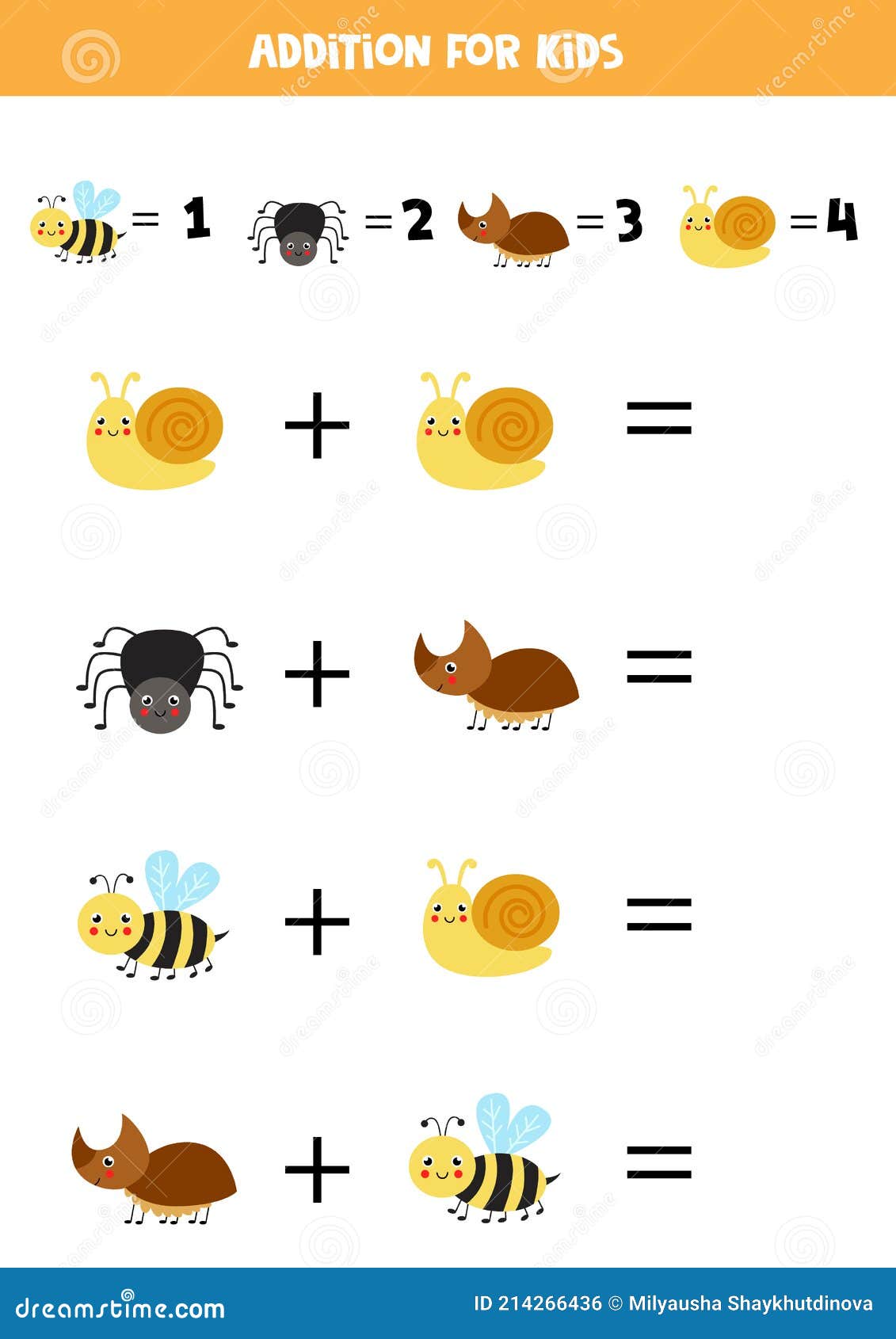 Addition for Kids with Cute Cartoon Insects Stock Vector - Illustration ...