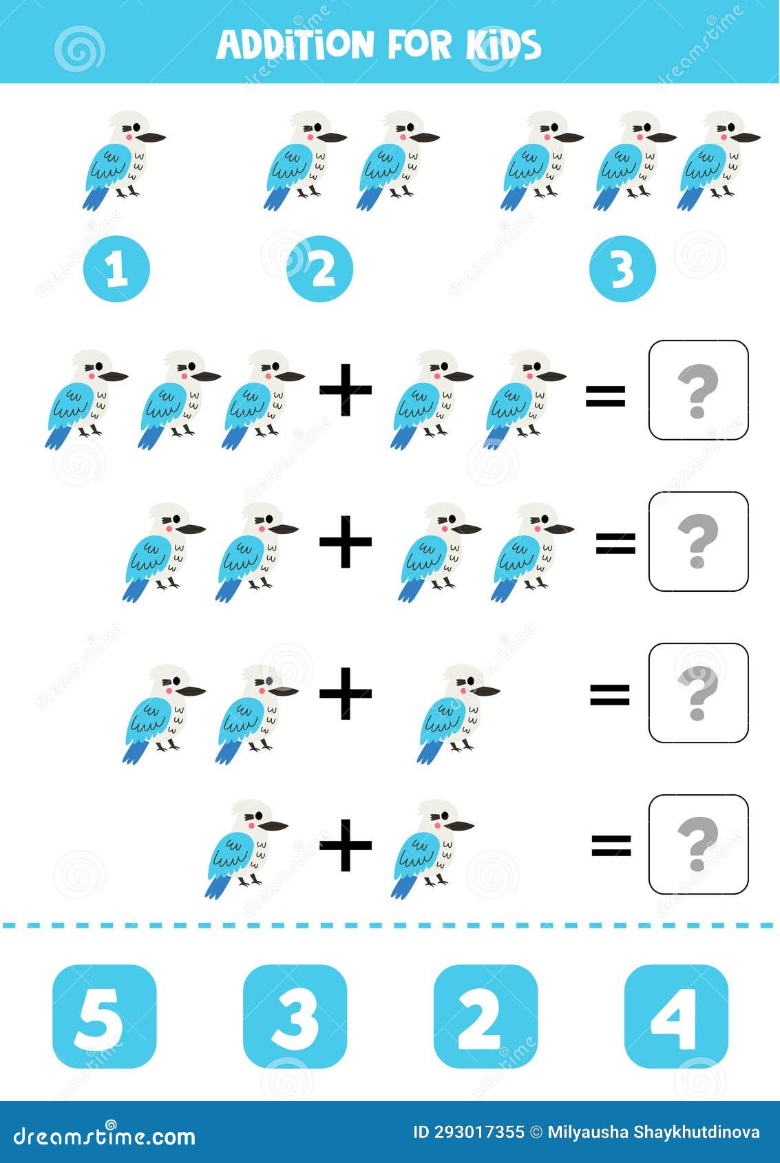 Addition for Kids with Cute Cartoon Kookaburra. Stock Vector ...