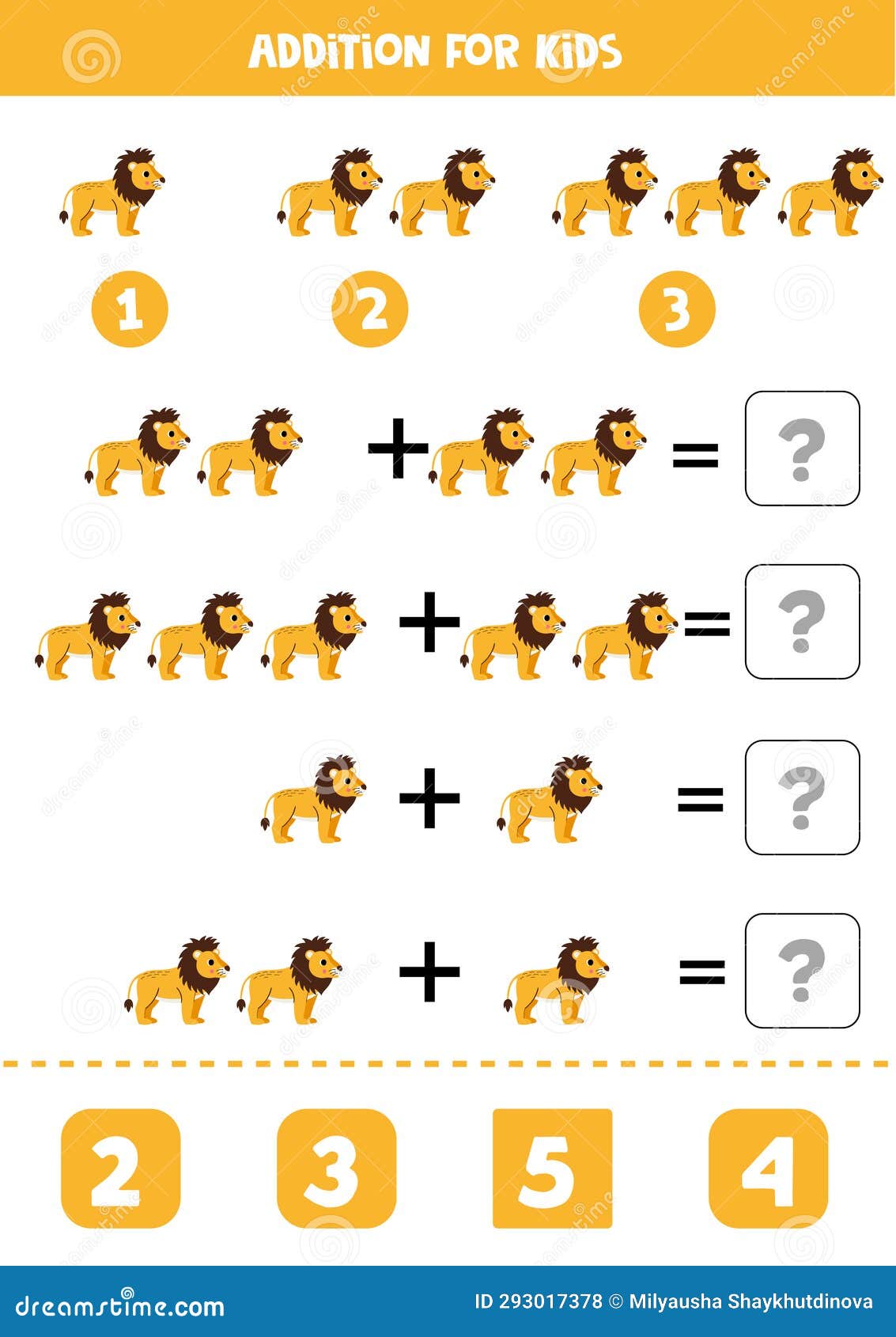 Addition for Kids with Cute Cartoon Lion. Stock Vector - Illustration ...