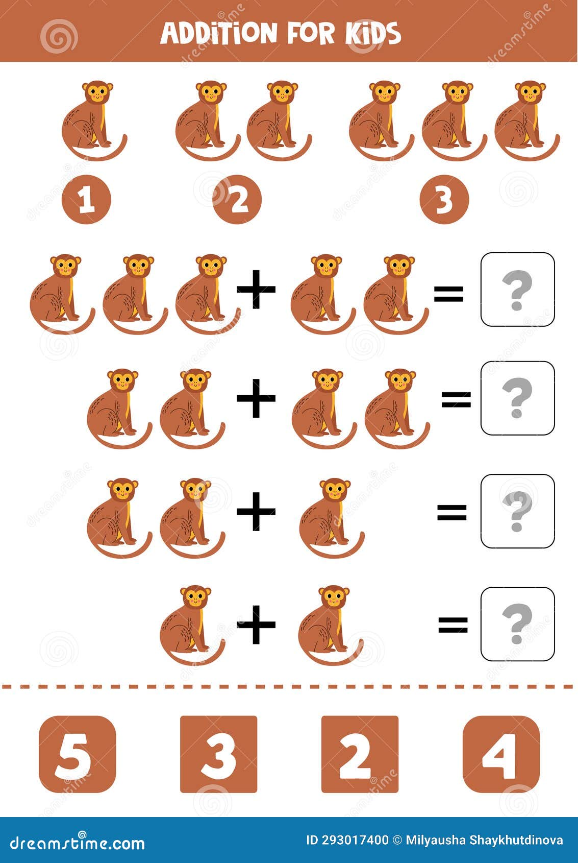 Addition for Kids with Cute Cartoon Monkey. Stock Illustration ...