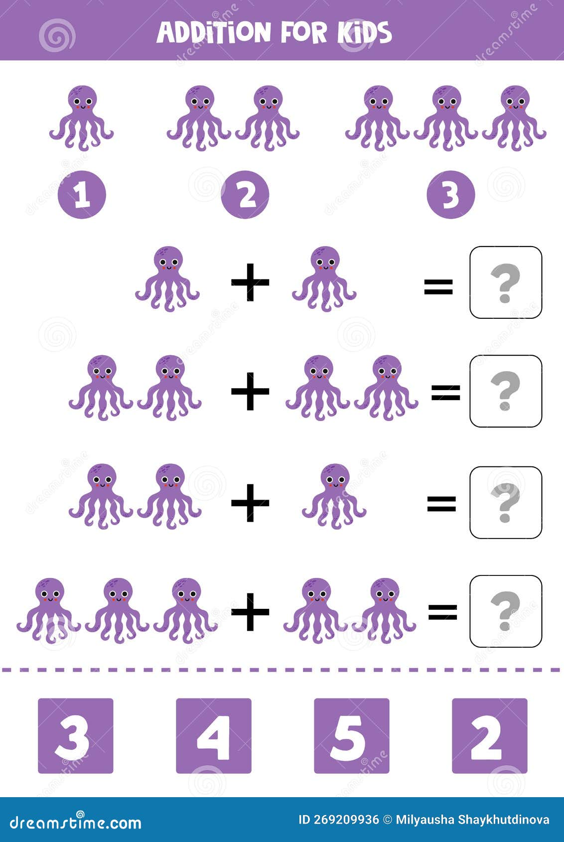 Addition for Kids with Cute Cartoon Octopus Stock Vector - Illustration ...