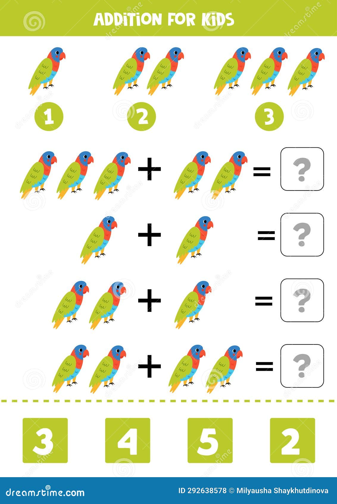 Addition for Kids with Cute Cartoon Rainbow Lorikeet. Stock ...