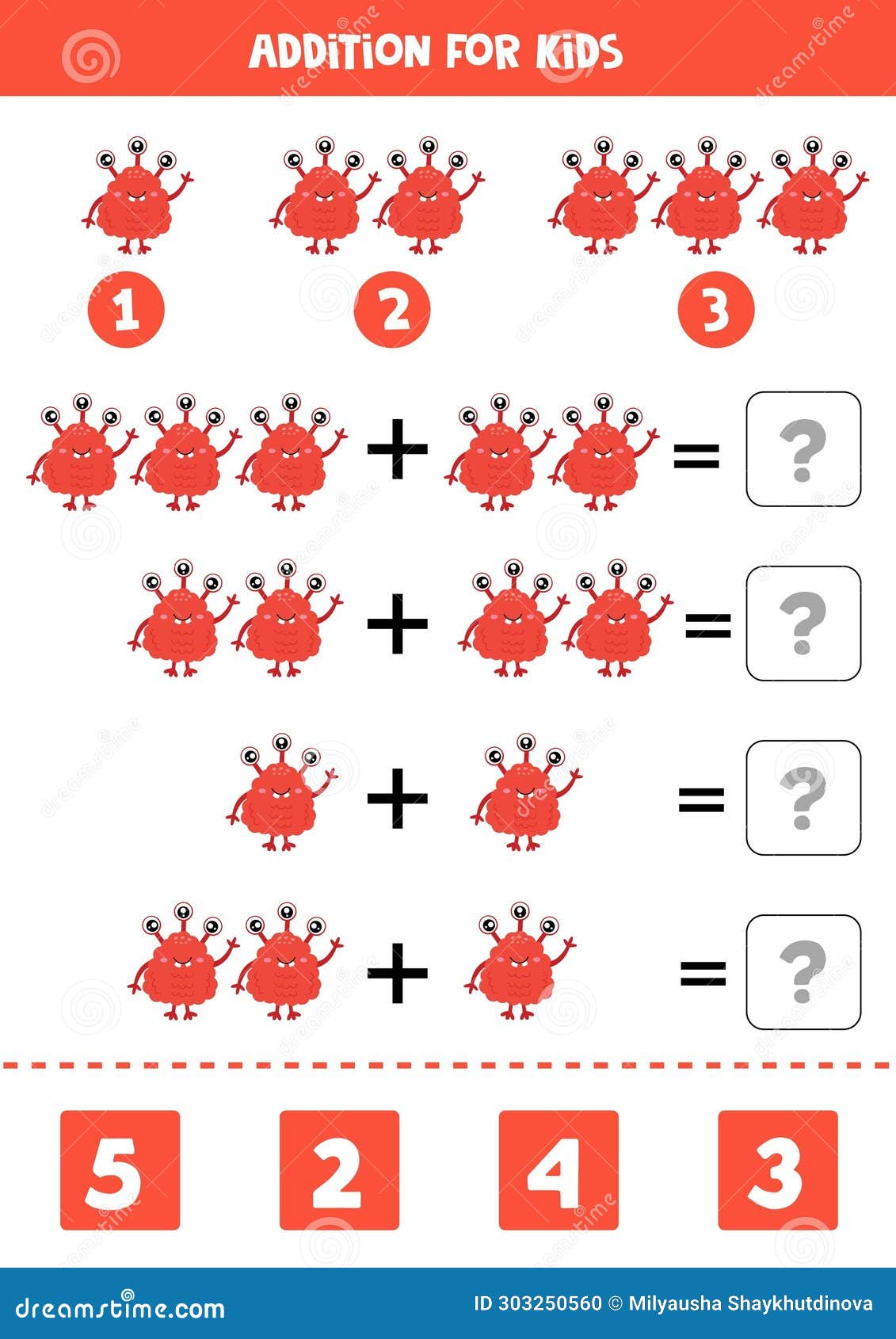 Addition for Kids with Cute Cartoon Red Monster. Stock Vector ...