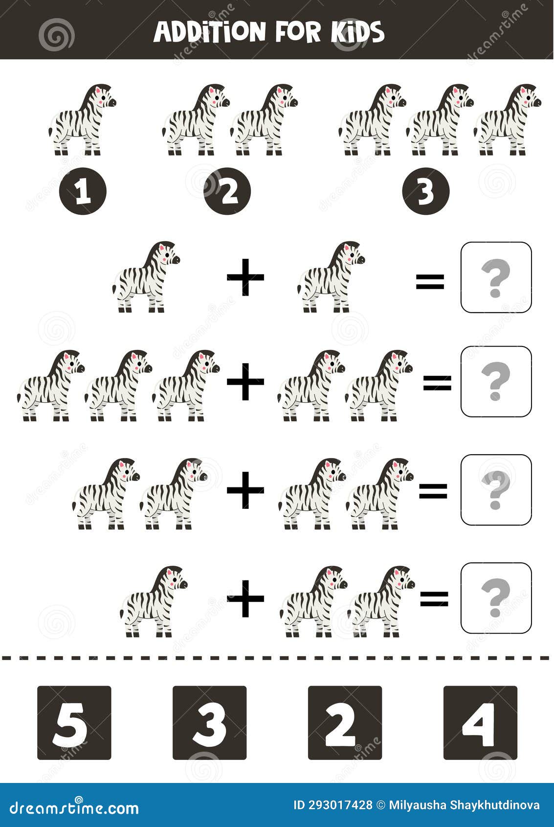 Addition for Kids with Cute Cartoon Zebra. Stock Vector - Illustration ...