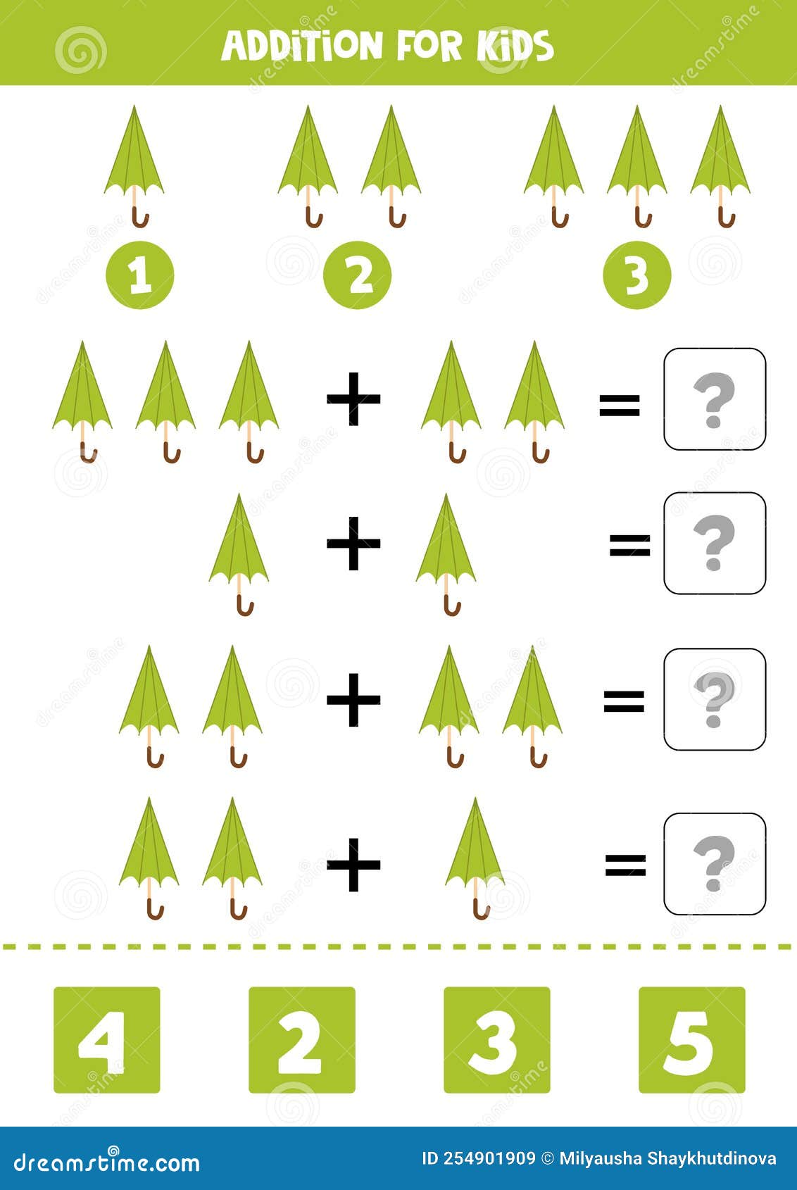 Addition for Kids with Cute Hand Drawn Green Umbrella Stock ...