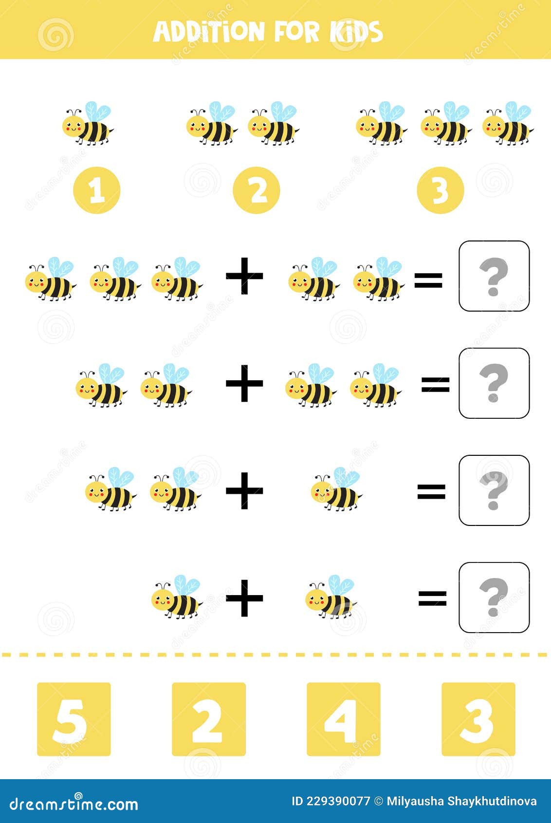 Addition for Kids with Cute Kawaii Bee. Stock Vector - Illustration of ...