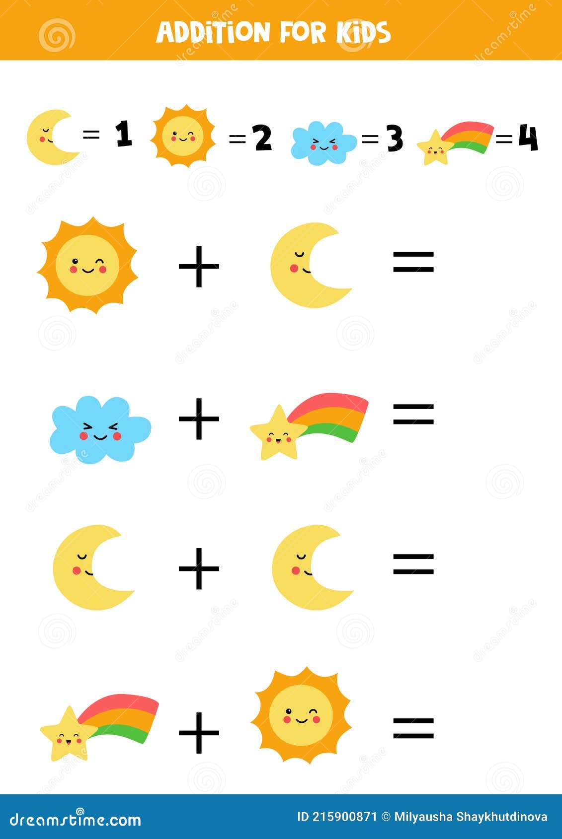Addition for Kids with Cute Kawaii Weather Elements Stock Vector ...