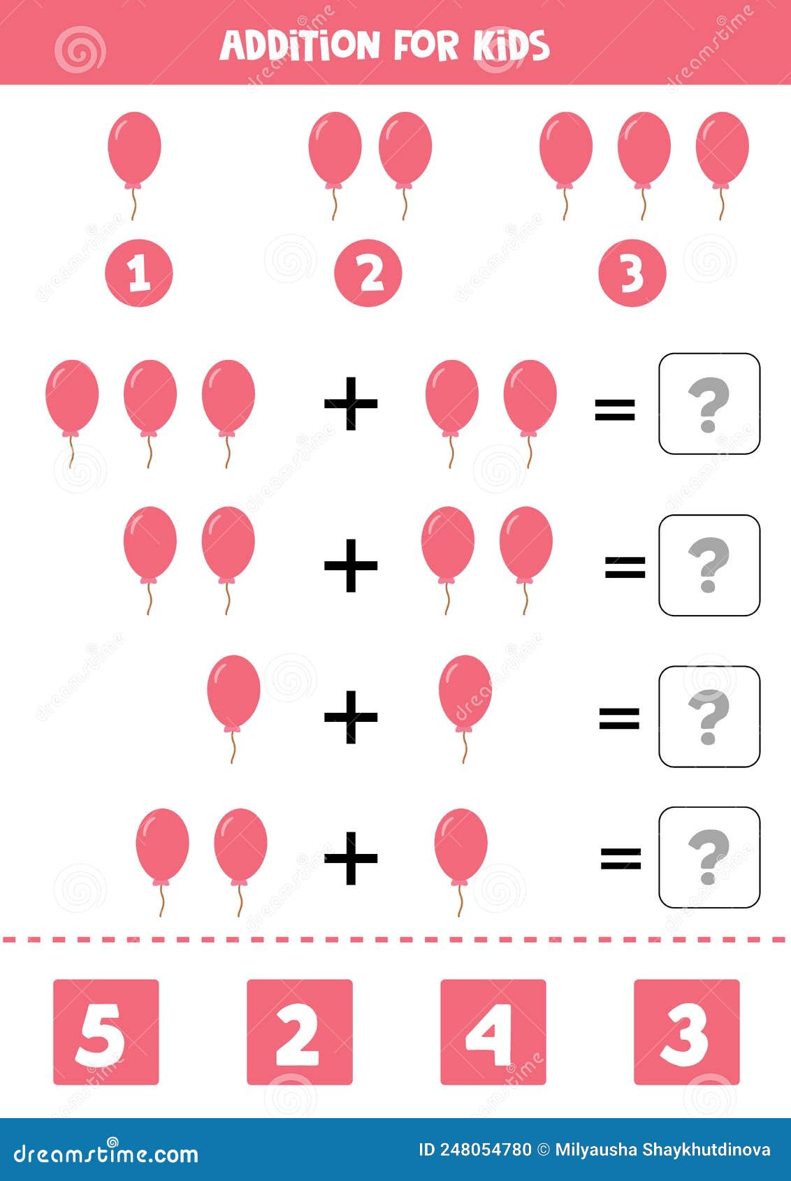 Addition for Kids with Cute Pink Balloon. Stock Vector - Illustration ...