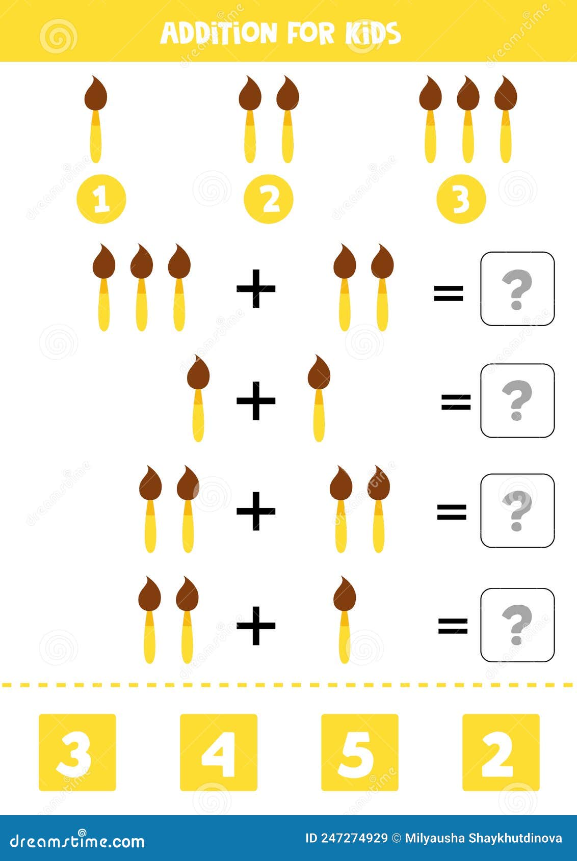 Addition for Kids with Cute Yellow Brush Paint. Stock Vector ...