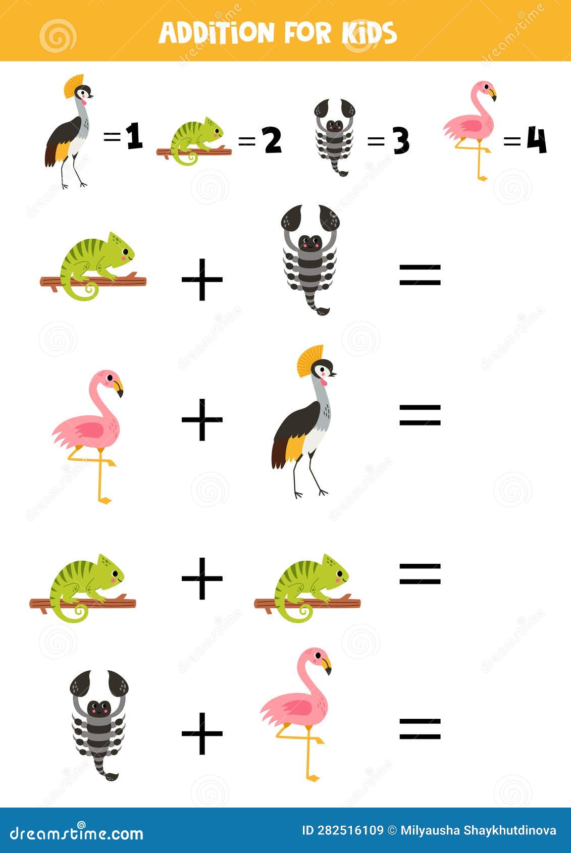 Addition for Kids with Different Cute African Animals Stock ...