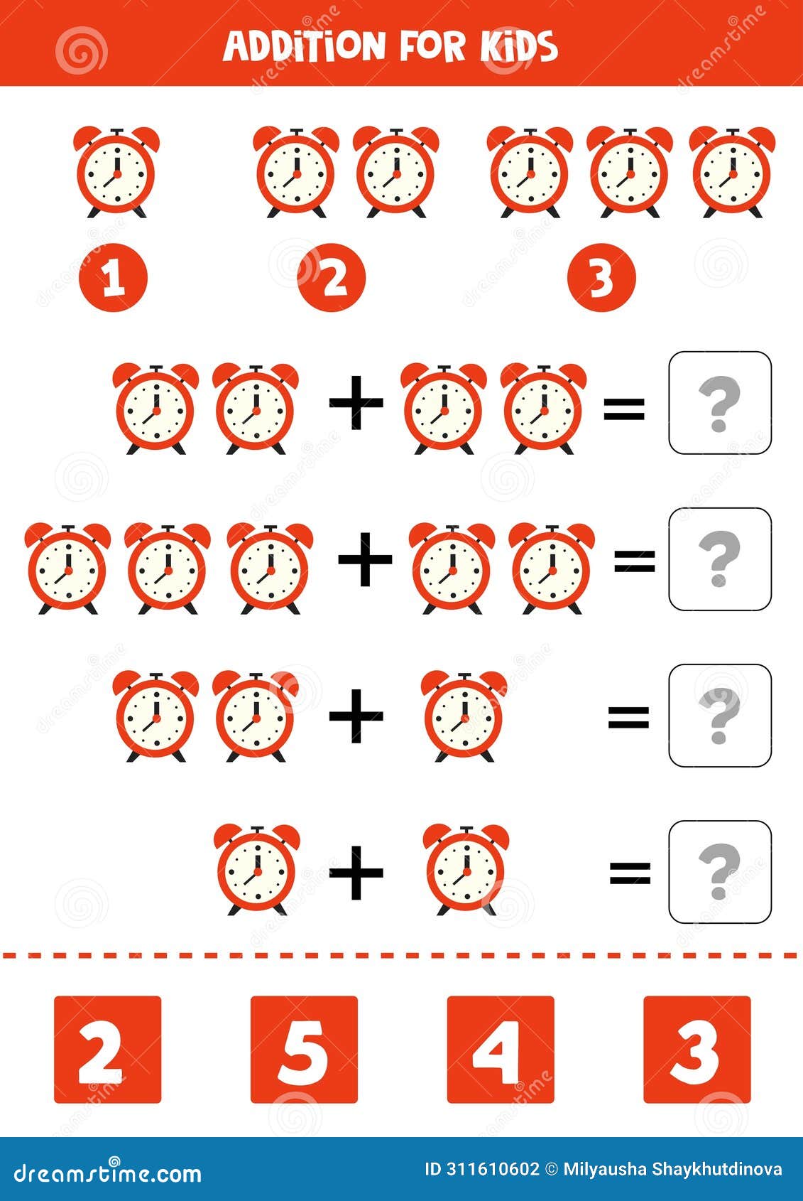 Addition for Kids with Different Cute Cartoon Alarm Clock. Stock Vector ...