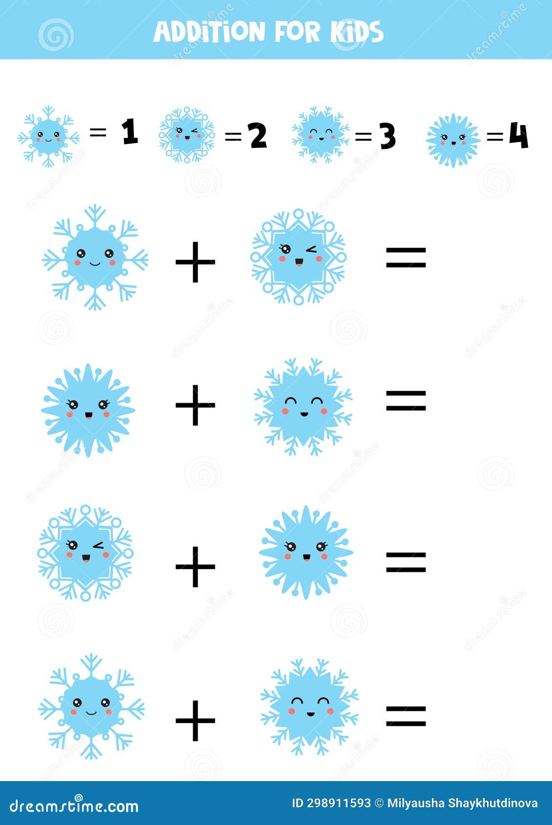 Addition for Kids with Different Cute Cartoon Blue Snowflakes. Stock ...