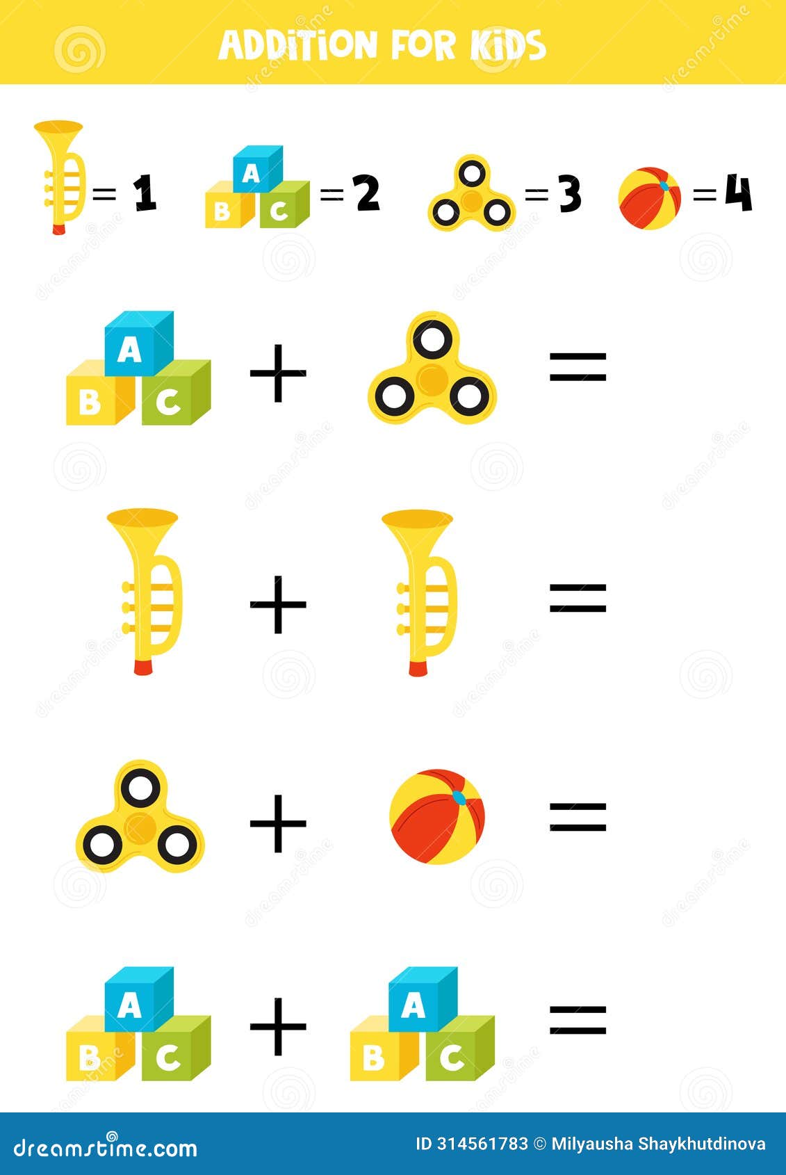 Addition for Kids with Different Cute Cartoon Toys. Stock Vector ...