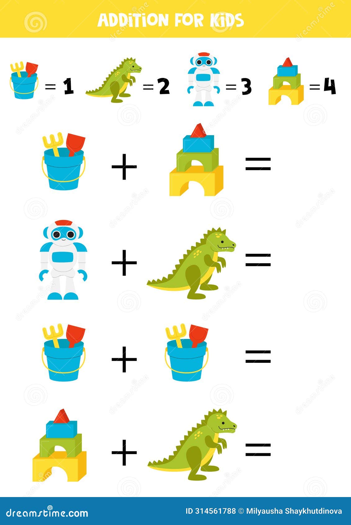 Addition for Kids with Different Cute Cartoon Toys. Stock Vector ...