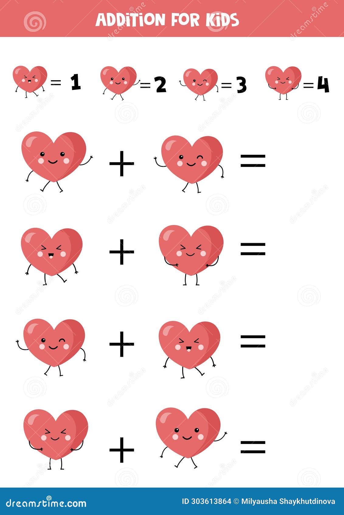 Addition for Kids with Different Cute Kawaii Pink Hearts. Stock Vector ...