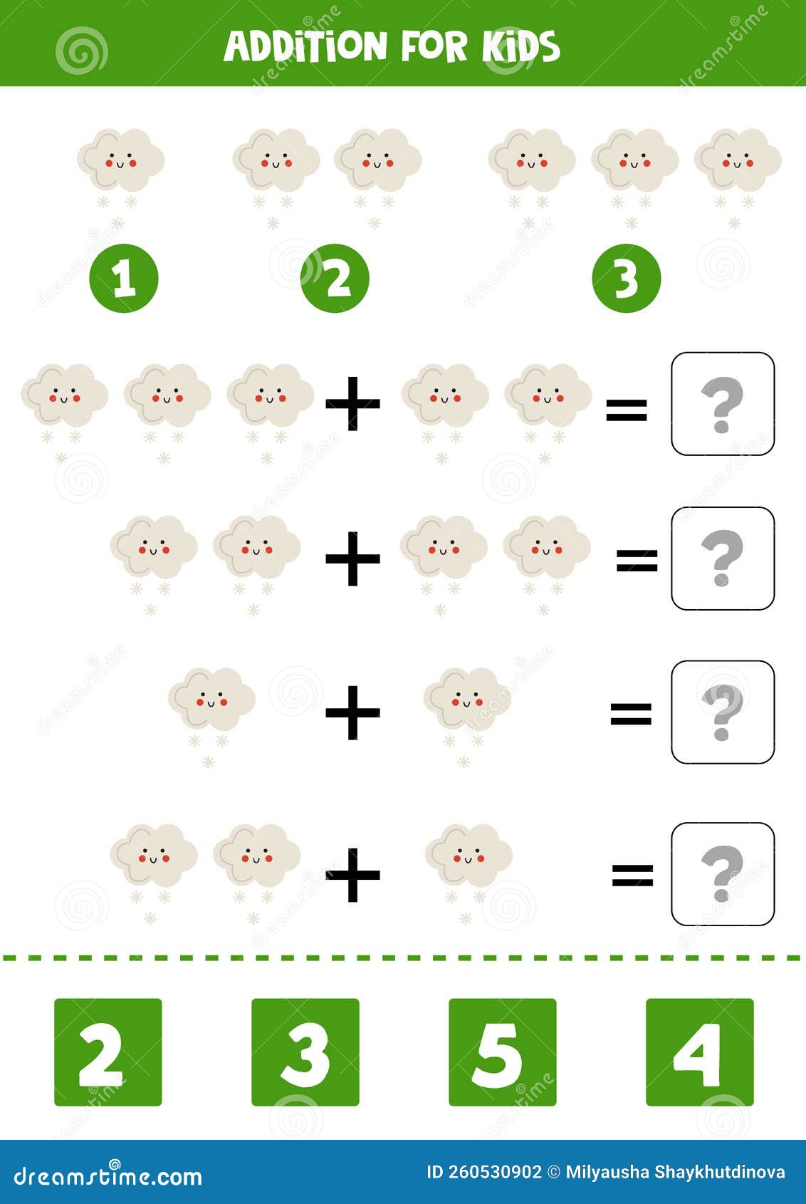 Addition for Kids with Hand Drawn Cute Cloud Stock Vector ...